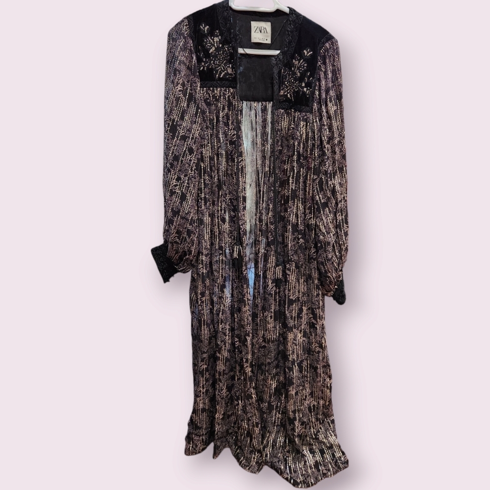Zara Velvet Gold Embroidered Sheer Duster Kimono Coat - Gem